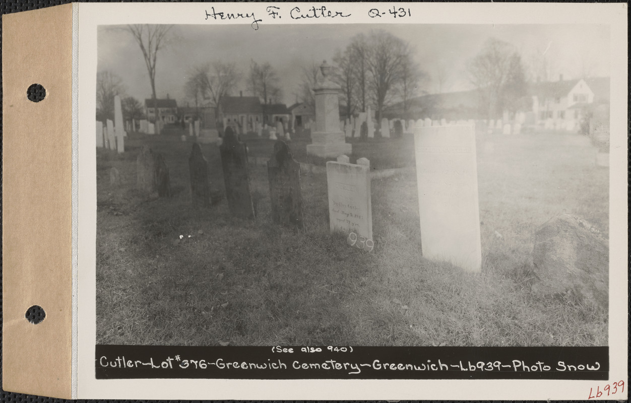 Cutler, Greenwich Cemetery, Old section, lot 376, Greenwich, Mass., ca ...