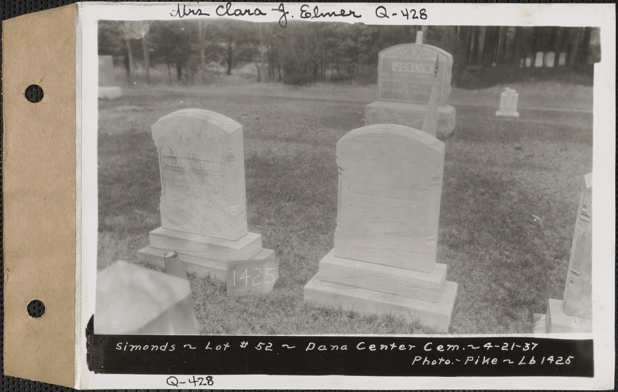 Simonds, Dana Center Cemetery, lot 52, Dana, Mass., Apr. 21, 1937 ...