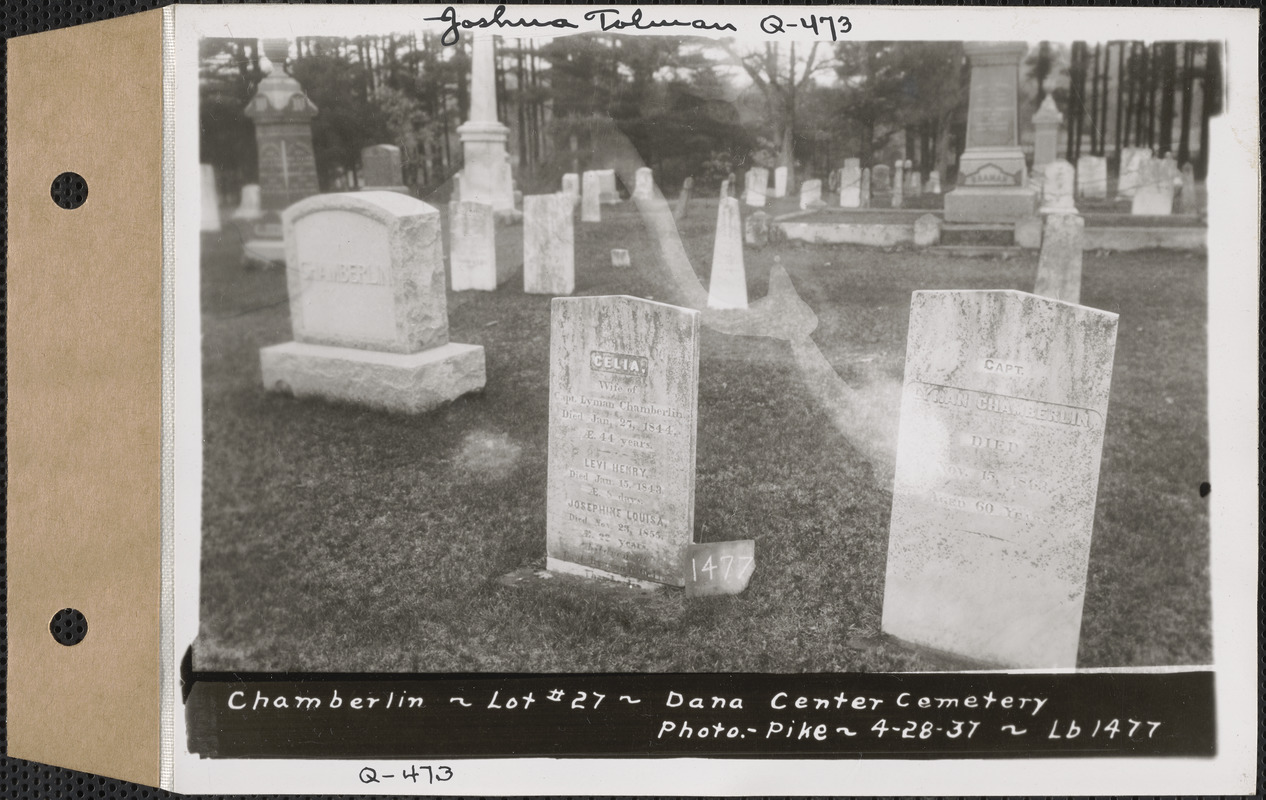 Chamberlin, Dana Center Cemetery, lot 27, Dana, Mass., Apr. 28, 1937 ...