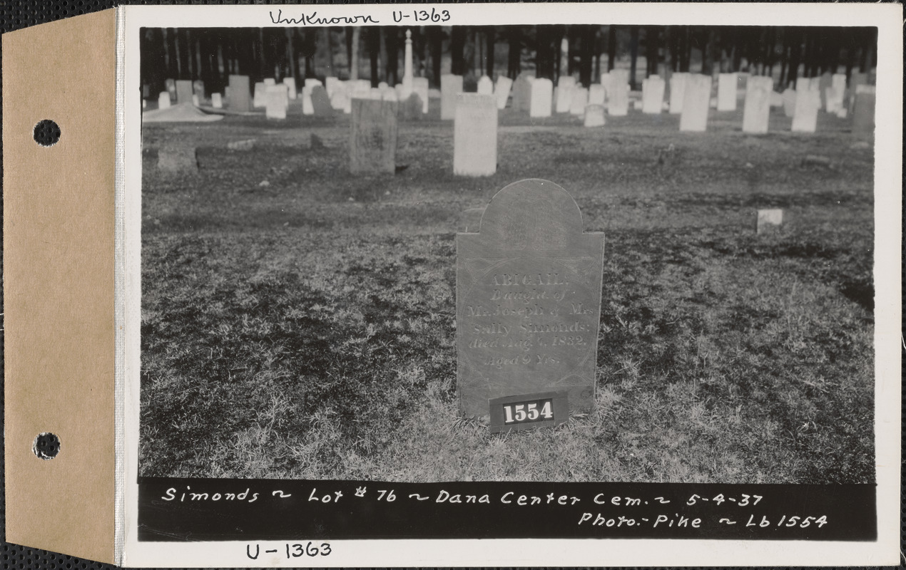 Simonds, Dana Center Cemetery, lot 76, Dana, Mass., May 4, 1937 ...