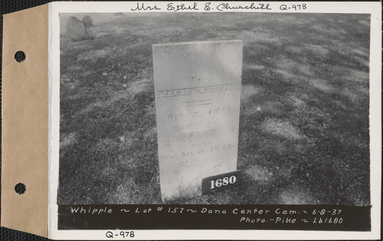 Jacob and Edna Whipple, Dana Center Cemetery, lot 157, Dana, Mass ...