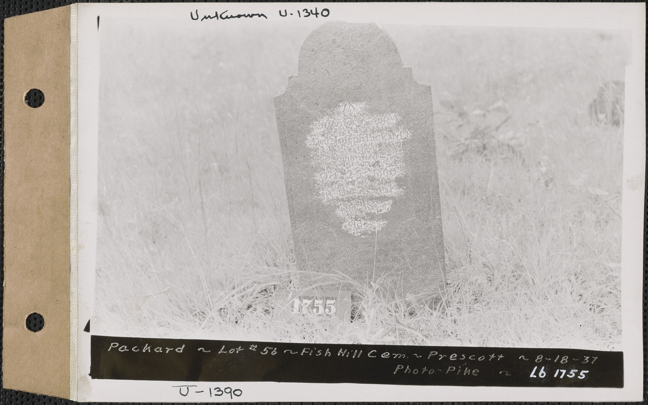 Joseph Packard, Fish Hill Cemetery, lot 56, Prescott, Mass., Aug. 18 ...