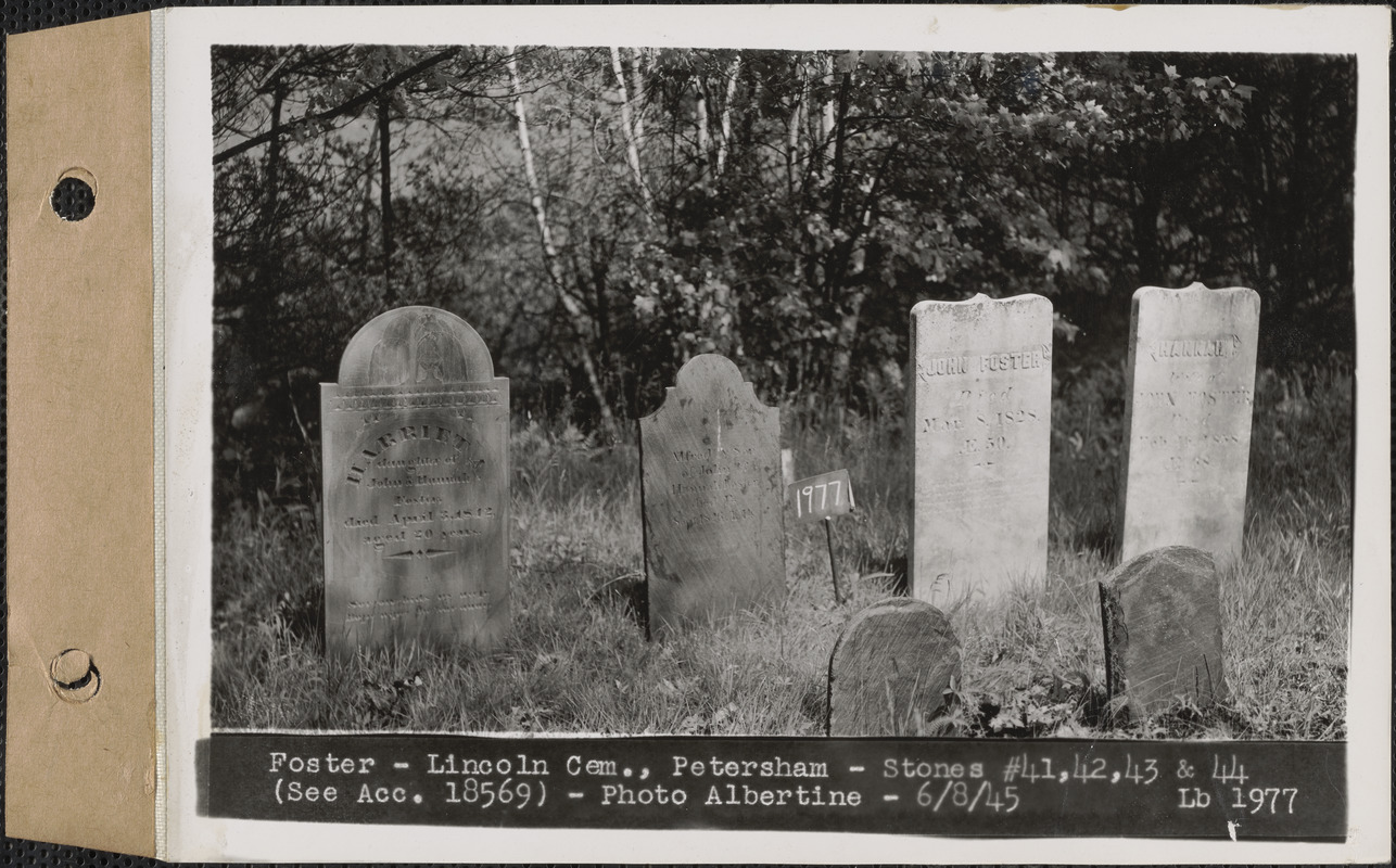 Foster, Lincoln Cemetery, stones 41, 42, 43, 44, Petersham, Mass., June 8, 1945 : (See Acc ...