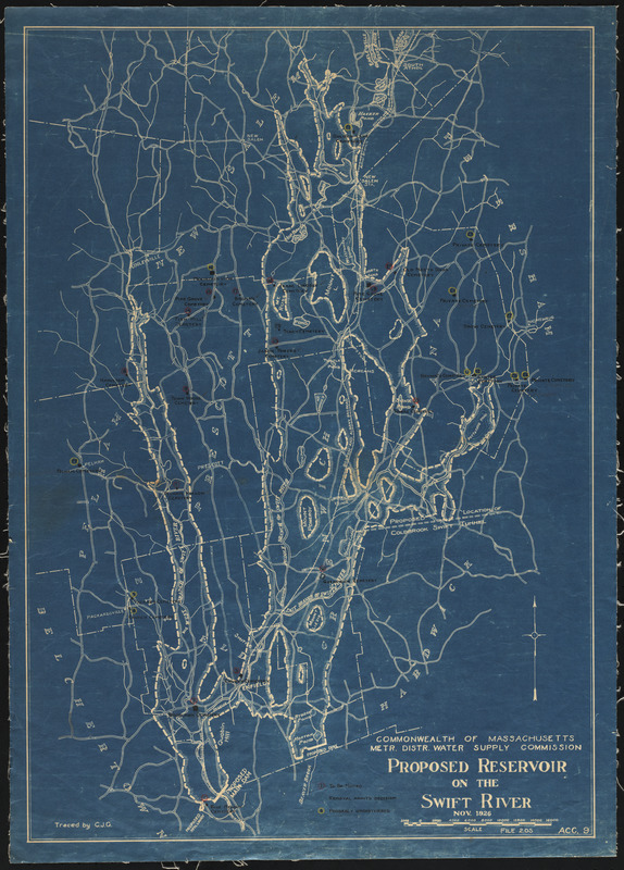Cemeteries (general), drawn over map of proposed reservoir on the Swift ...