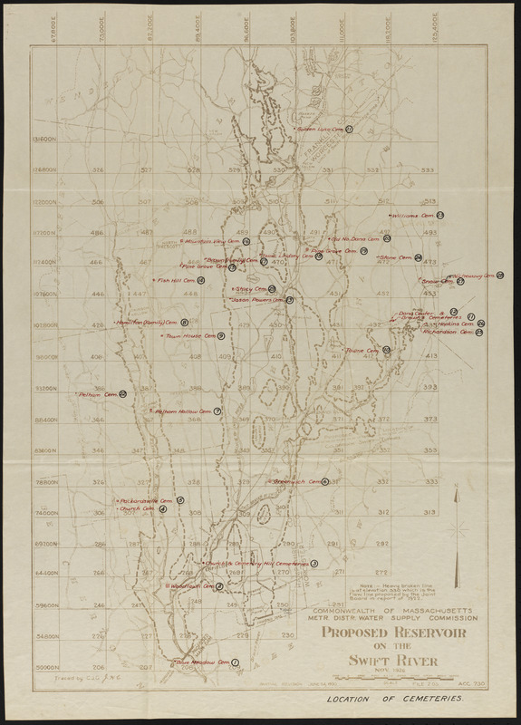 Location of cemeteries, drawn over map of proposed reservoir on the ...