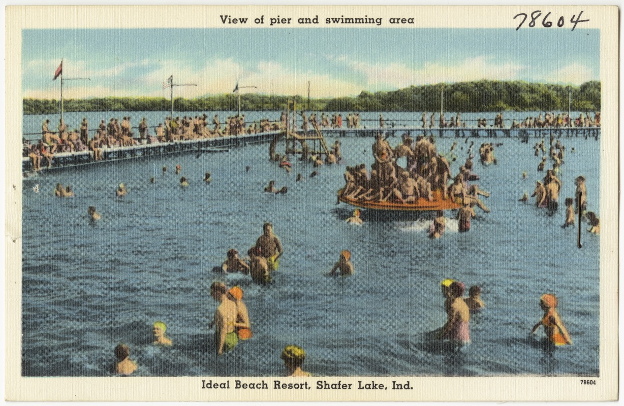 View of pier and swimming area, Ideal Beach Resort, Shafer Lake, Ind ...