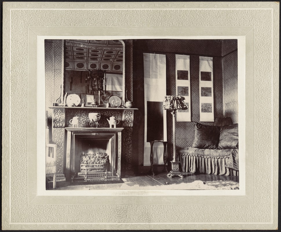 First house in China —Interior — View of room with fireplace and wall ...