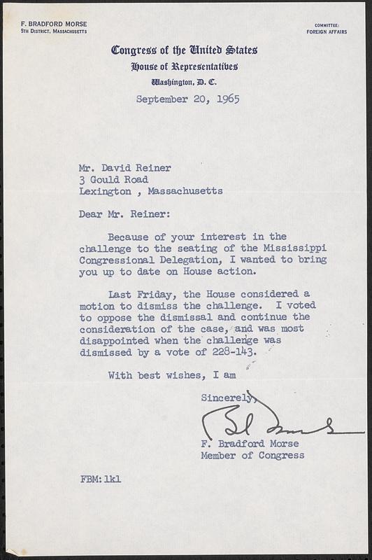 Letter to David Reiner from Congressman F. Bradford Morse about ...