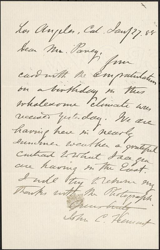 Letter from John C. Fremont, Los Angeles, Cal., to Darwin C. Pavey ...