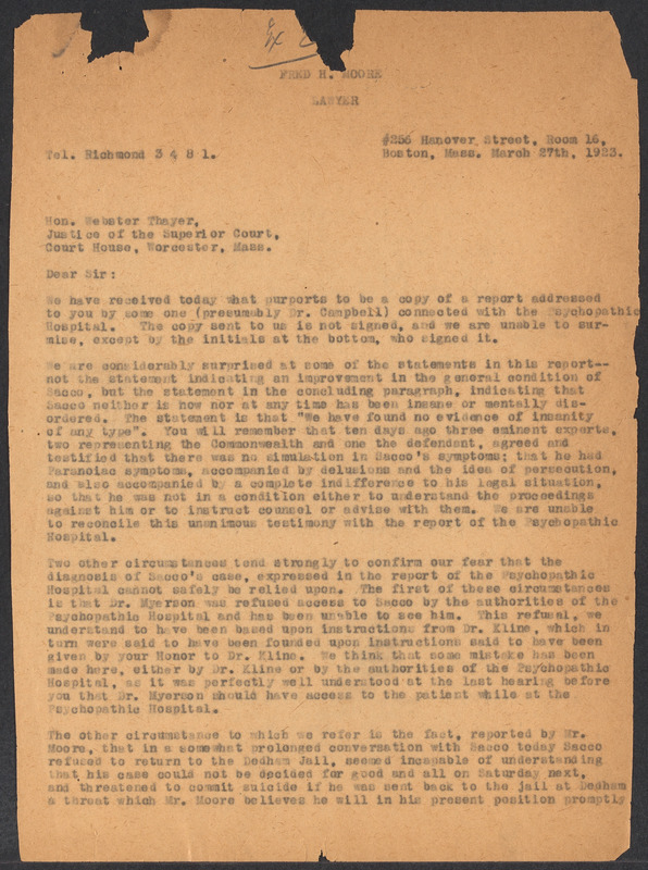Sacco-Vanzetti Case Records, 1920-1928. Defense Papers. Letter to Judge ...