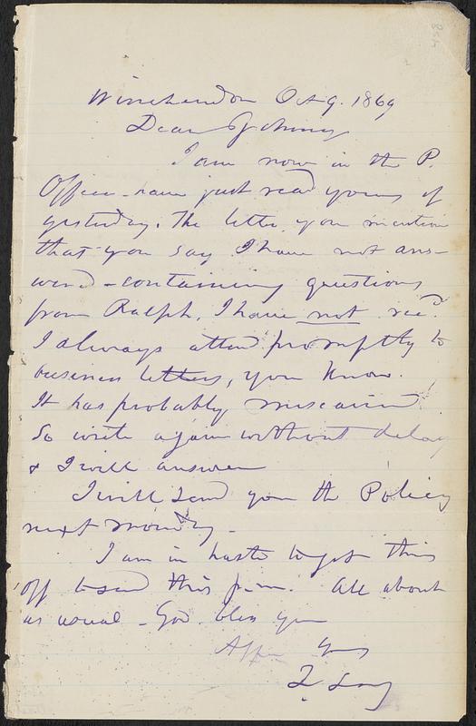 Letter from Zadoc Long to John D. Long, October 9, 1869 - Digital ...