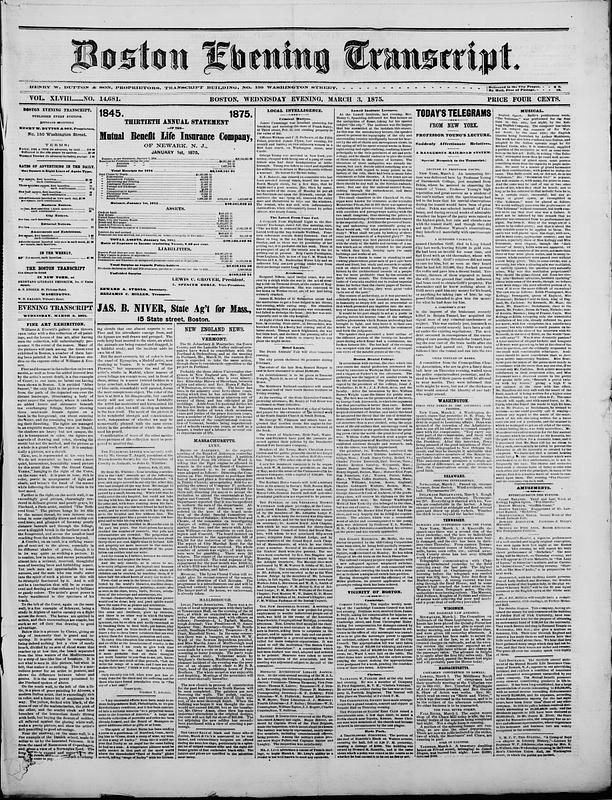 Boston Evening Transcript. March 03, 1875 - Digital Commonwealth