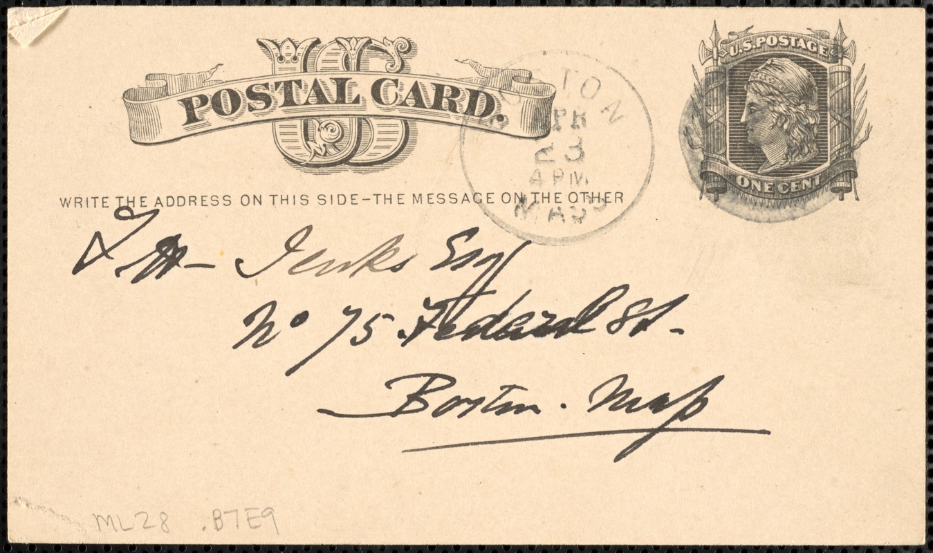 Postcard from Charles C. Perkins to Francis H. Jenks, 1880 April 22 ...