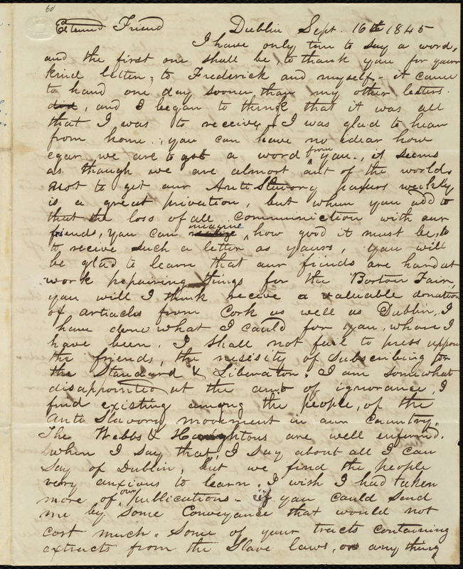 Letter from James Needham Buffum, Dublin, [Ireland], to Maria Weston ...