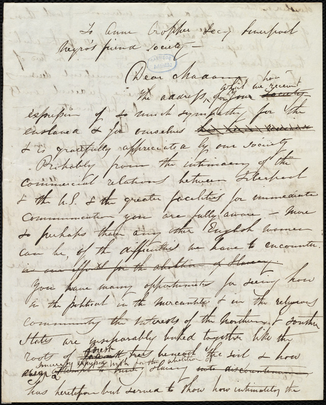 Rough draft of letter from Maria Weston Chapman to Anne Cropper ...