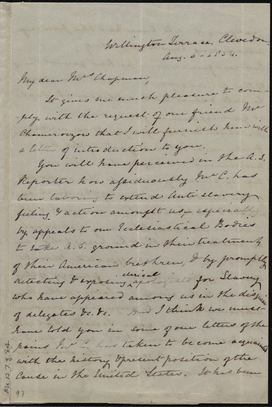 Letter from Mary Anne Estlin, Wellington Terrace, Clevedon, [England ...