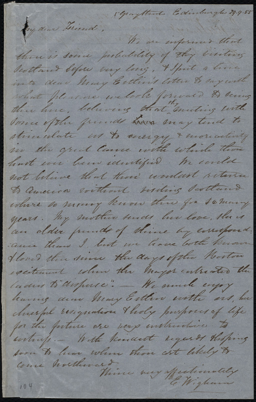 Letter from Eliza Wigham, 5 Gray Street, Edinburgh, [Scotland], to ...