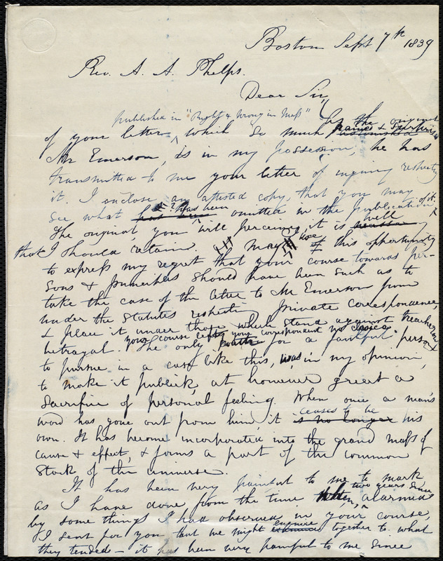 Rough draft of letter from Maria Weston Chapman, Boston, [Mass.], to Amos Augustus Phelps, Sept ...