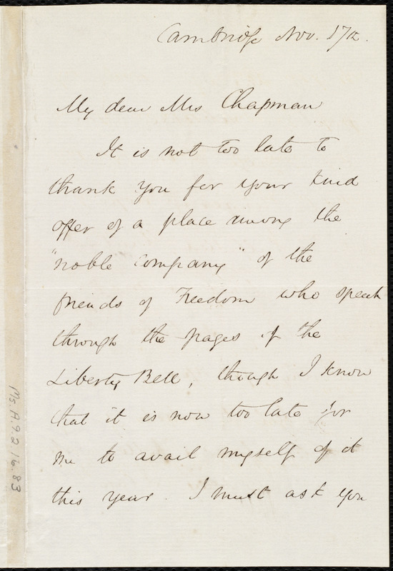 Letter from Samuel Longfellow, Cambridge, [Mass.], to Maria Weston ...