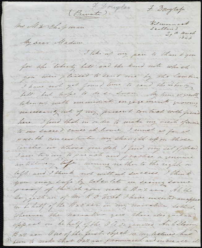 Letter from Frederick Douglass, Kilmarnock, Scotland, to Maria Weston ...
