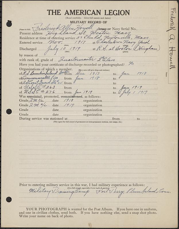 American Legion military record of Frederick Allen Howell - Digital ...