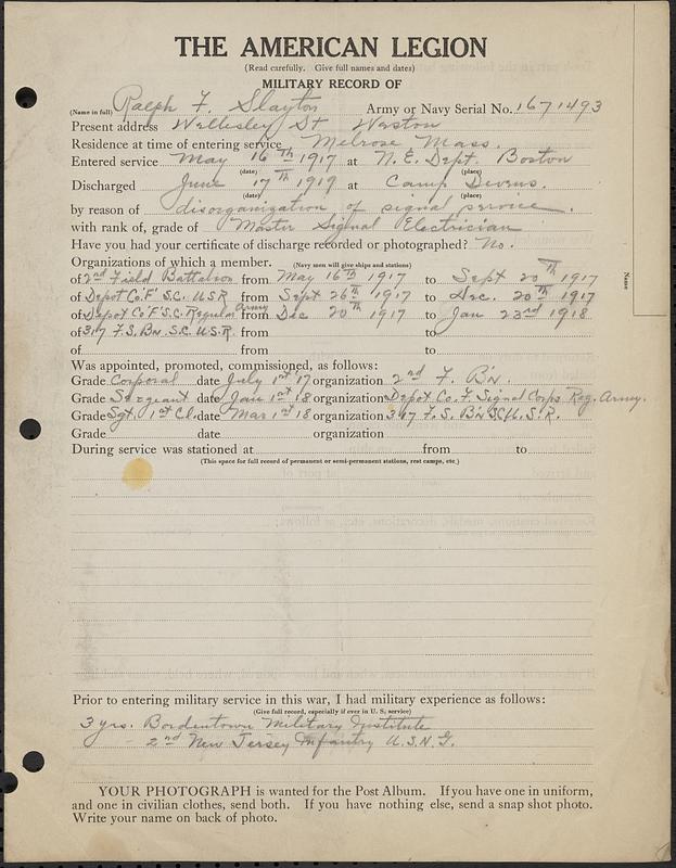 American Legion military record of Ralph F. Slayton - Digital Commonwealth