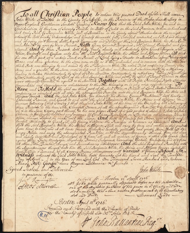Deed of land from John White to Benjamin White - Digital Commonwealth