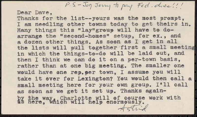 Postcard to David Reiner from Astrid about receiving lists and awaiting ...