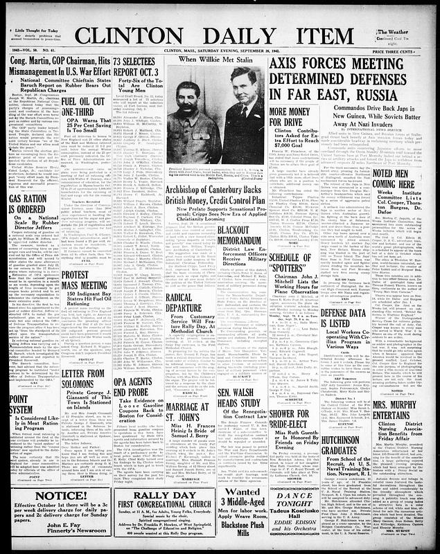 Clinton Daily Item. September 26, 1942 - Digital Commonwealth