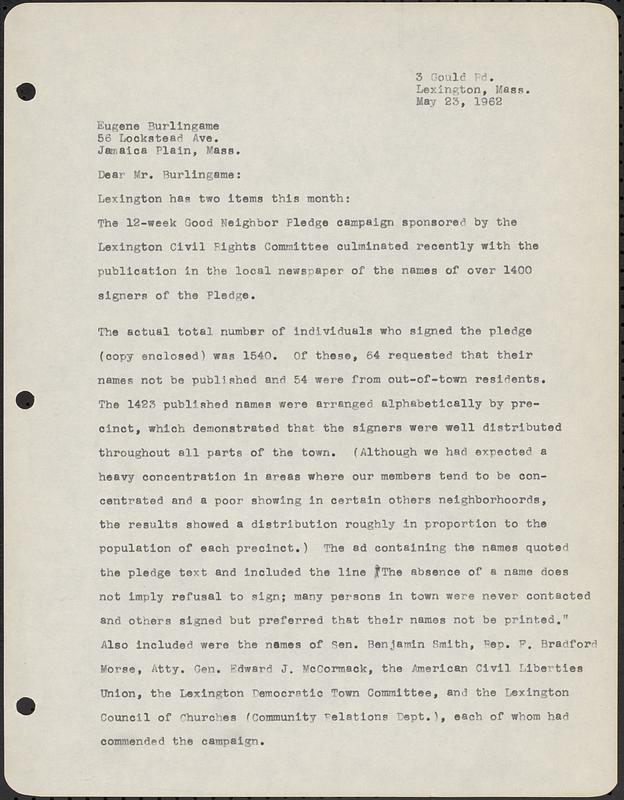 Letter to Eugene Burlingame about Lexington Civil Rights Committee’s ...