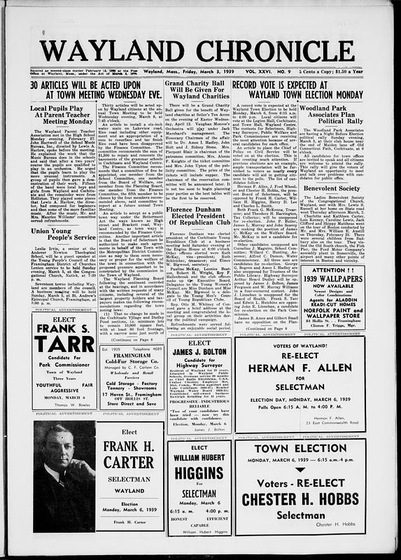The Wayland Chronicle. March 03, 1939 - Digital Commonwealth