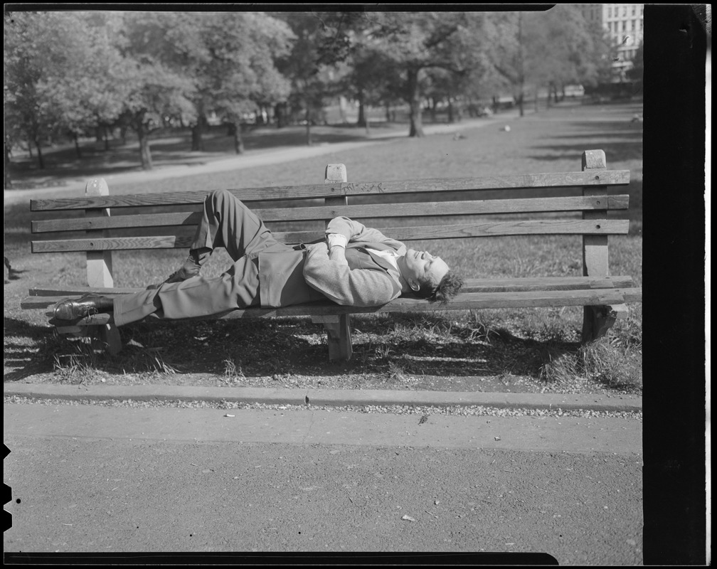 Two men passed out on park bench - Digital Commonwealth