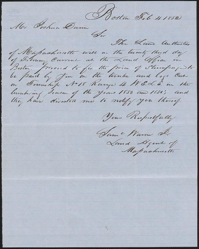 Samuel Warner to Joshua Dunn, 4 February 1852 - Digital Commonwealth
