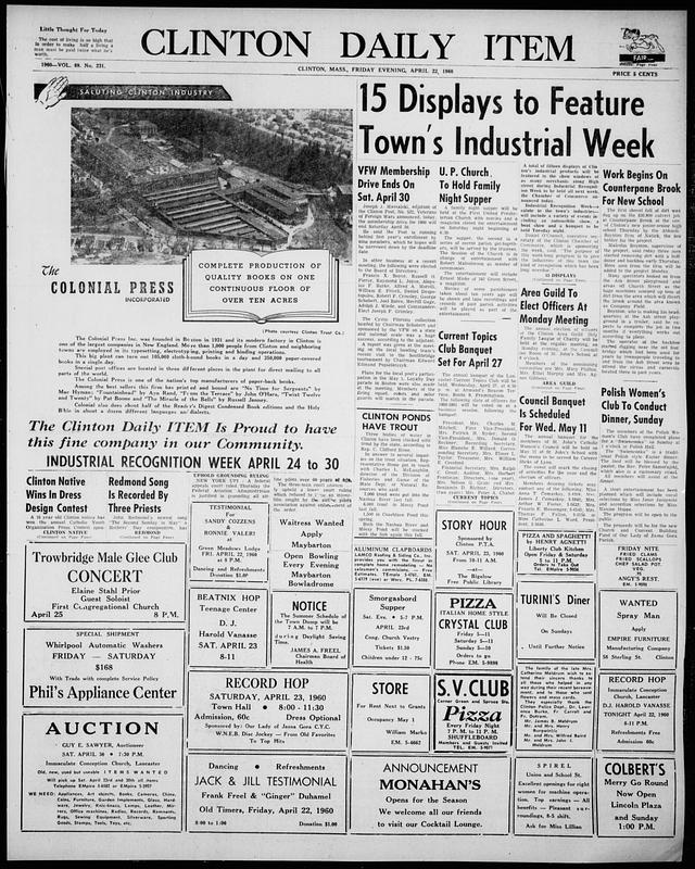 Clinton Daily Item. April 22, 1960 - Digital Commonwealth