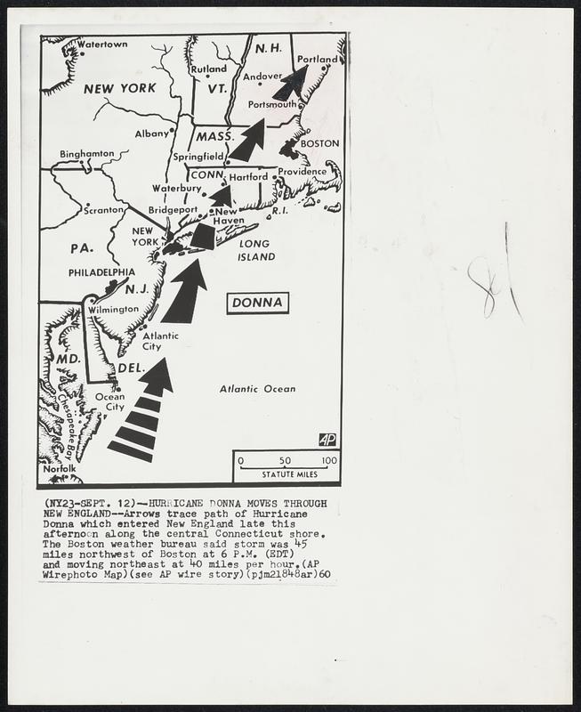 Hurricane Donna Moves Through New England -- Arrows trace path of ...