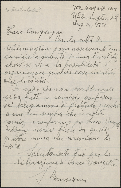 S. Bernardini autograph letter signed, in Italian, to [Emilio Coda ...