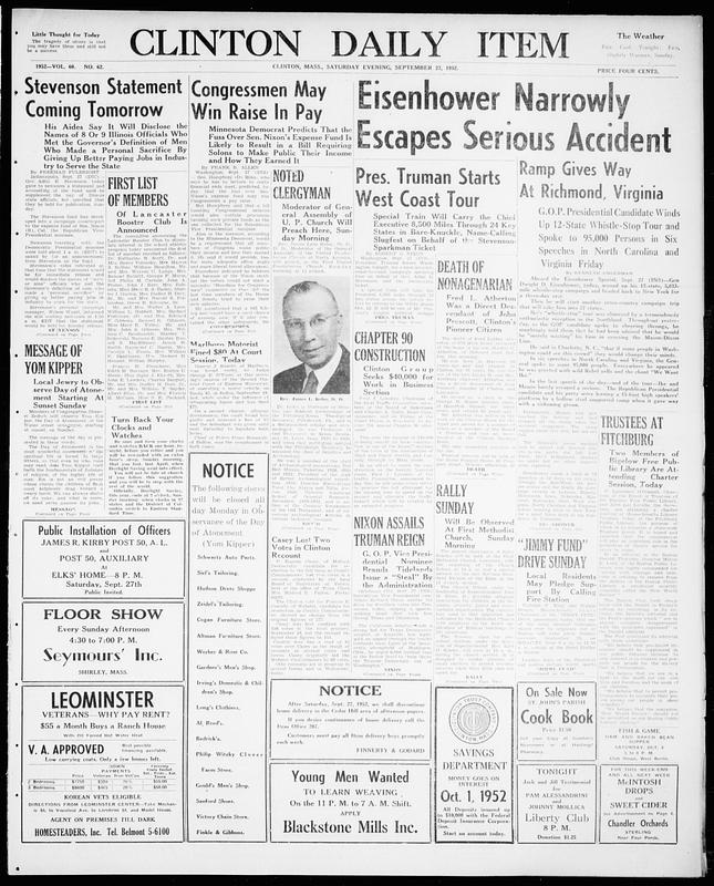 Clinton Daily Item. September 27, 1952 - Digital Commonwealth
