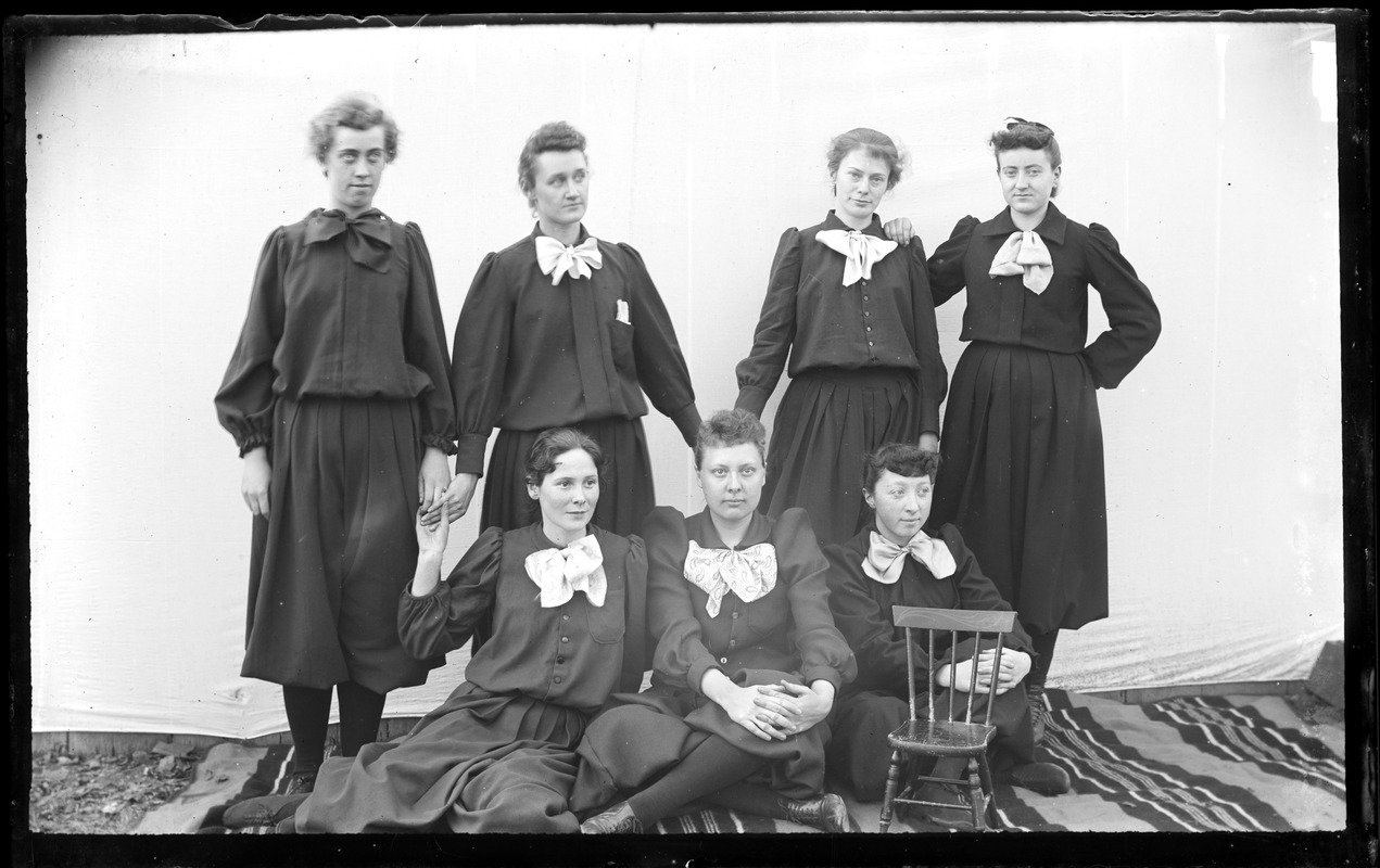 Seven female Normal School students in gym uniforms - Digital Commonwealth
