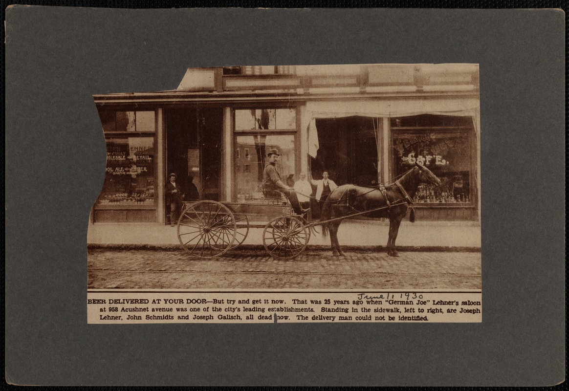 Deliveryman in horse-drawn cart in front of German Joe Lehner's Saloon ...