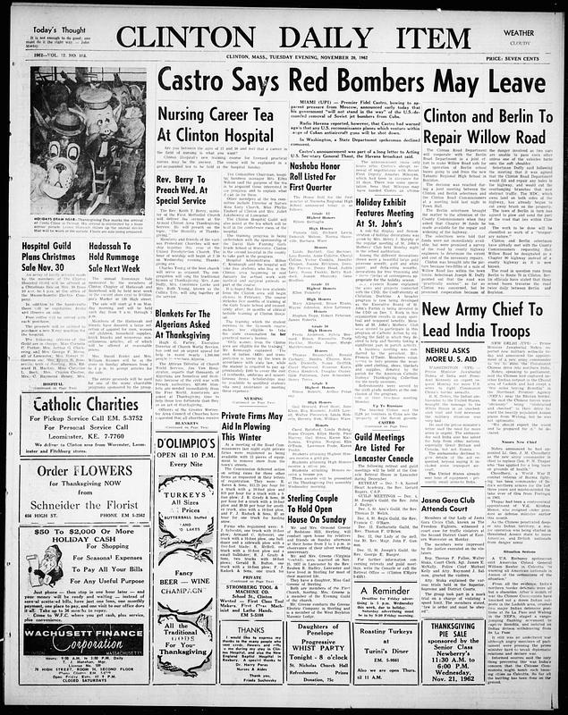 Clinton Daily Item. November 20, 1962 - Digital Commonwealth
