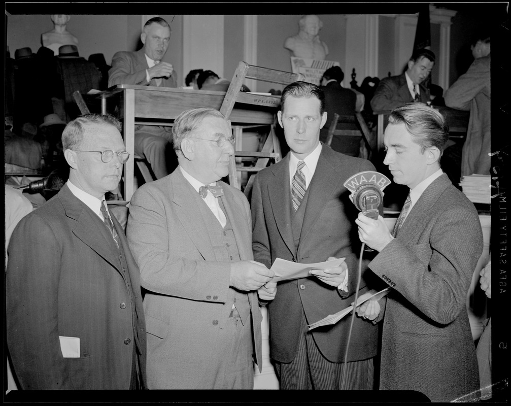 Two unidentified men, Mayor Maurice Tobin, and Leo Egan of WAAB ...