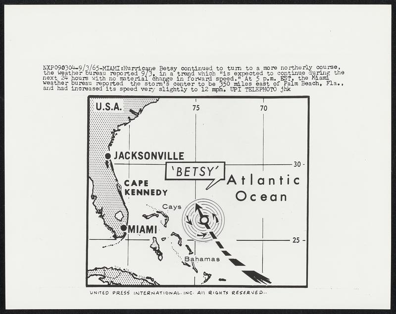 Miami: Hurricane Betsy continued to turn to a move northerly course ...