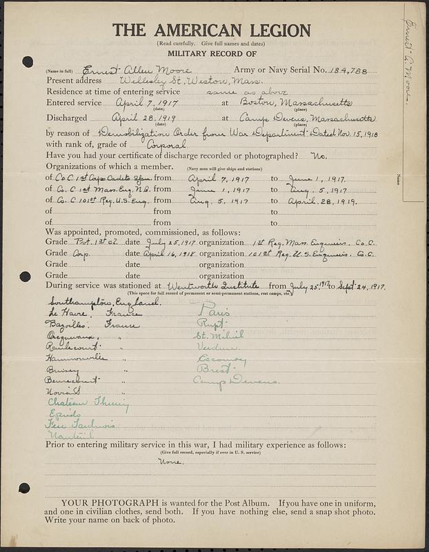 American Legion military record of Ernest Allen Moore - Digital ...