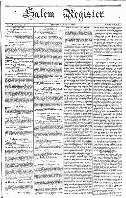 The Salem Register. June 16, 1806 - Digital Commonwealth
