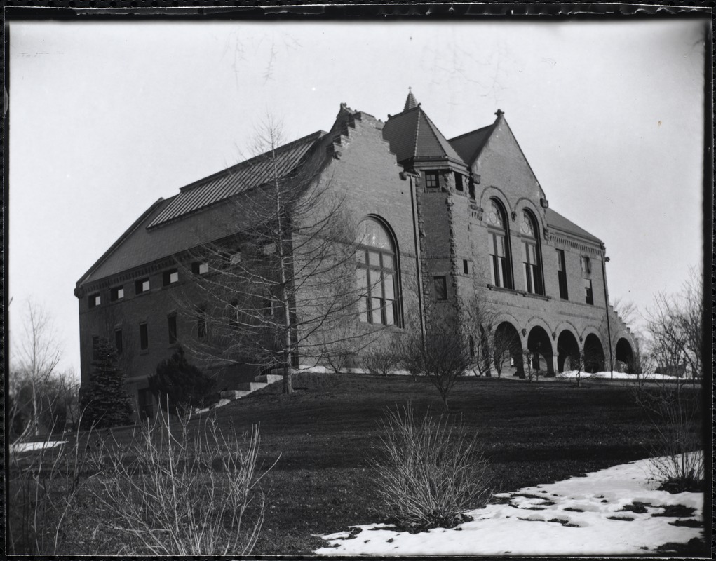 Nevins Memorial Library, with remnant of snow - Digital Commonwealth