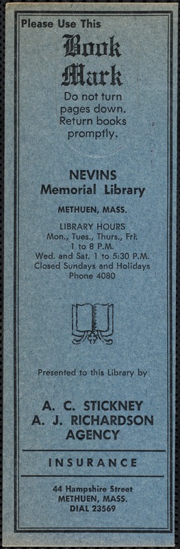 Nevins Memorial Library book mark - Digital Commonwealth