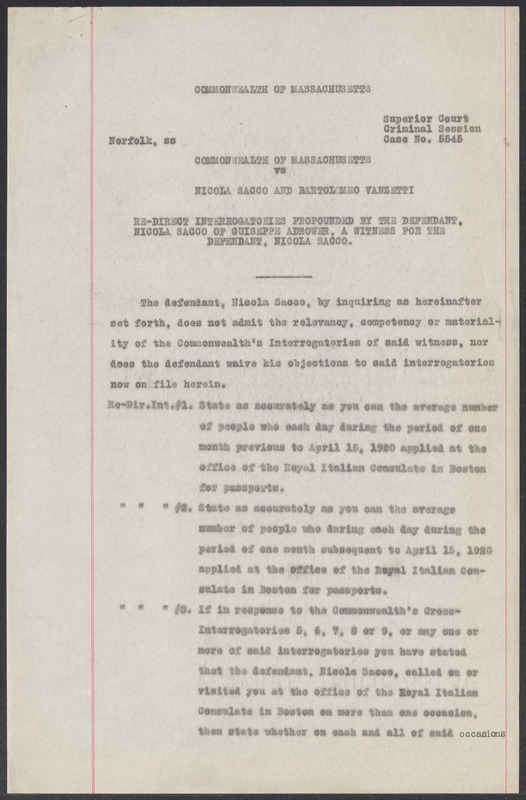 Sacco-Vanzetti Case Records, 1920-1928. Defense Papers. Re-direct ...