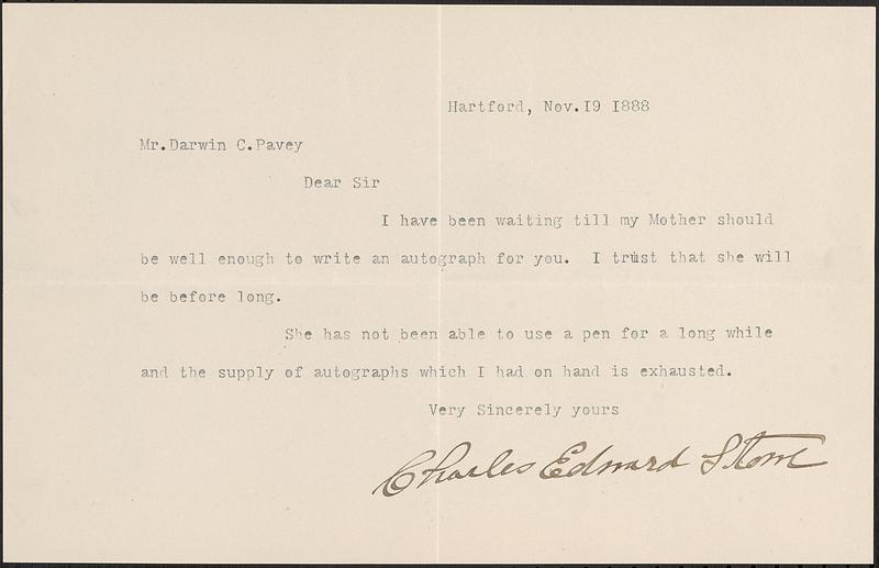 Letter from Charles Edward Stowe, Hartford, to Darwin C. Pavey, 1888 ...