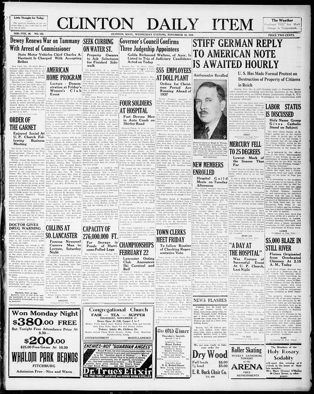 Clinton Daily Item. November 16, 1938 - Digital Commonwealth