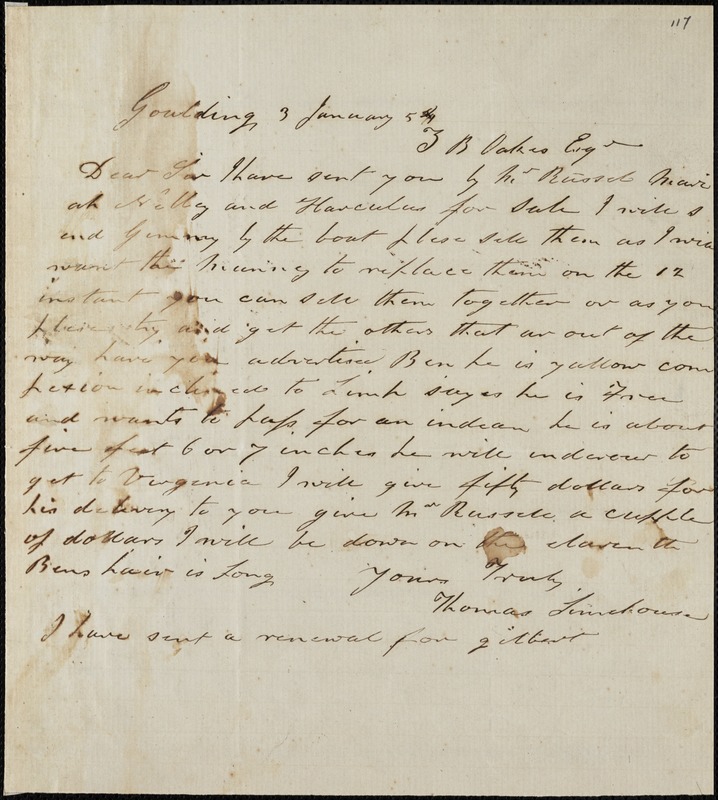 Thomas Limehouse, Goulding, S.C.[?], autograph letter signed to Ziba B ...